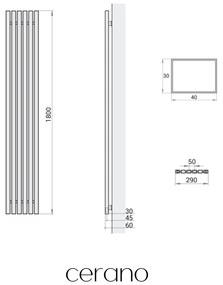 CERANO - Koupelnový radiátor Pyricus - středové připojení 50mm - 721W - černá matná - 1800x290 mm