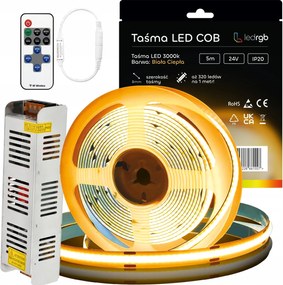 Sada Led pásků Neon Cob 24V 5 m 3000K Bílá Teplá Napájecí Zdroj 60W Dálkový Ovladač 8 mm