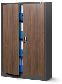 Plechová policová skříň KEVIN, 900 x 1400 x 400 mm, Eco Design: antracitová/ ořech