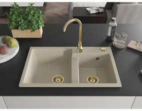Mexen Tomas, granitový dřez 800x500x190 mm, 2-komorový, béžová se zlatým sifonem, 6516802000-69-G