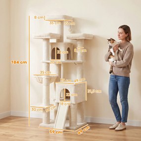PawHut Velké škrabadlo 184 cm vysoké, kočičí strom se 3 škrábacími sloupky, ležení, hrací míček, houpací síť, žebřík, pro kočky do 6 kg D35-014V00BG