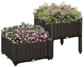 Outsunny vyvýšený dvojitý truhlík na květináče ratanového vzhledu 80x40x44cm s drenážními otvory z PP v hnědé barvě pro zahradní balkon | Aosom.de