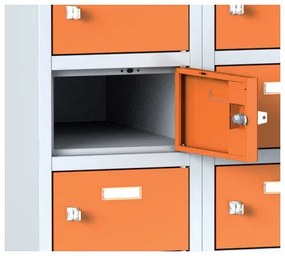 Alfa 3 Šatní skříňka s úložnými boxy, 20 boxů, oranžové dveře, otočný zámek
