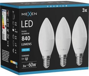 Mexen Nova 3x žárovka LED E14, C37, 8W, Studená - 6500K, 840 lm - L102-E14-0865-01x03