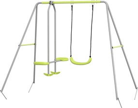 Zahradní houpačka Outsunny pro děti s 1 jednoduchou houpačkou, 1 klouzačkou a anti-UV ochranou, nosnost 135 kg, 255x160x180 cm, šedá a zelená | Aosom