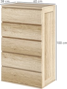 HOMCOM 5-zásuvková komoda do ložnice s moderním stylem a tichým uzavíracím mechanismem - 60 x 38 x 100 cm, Přírodní dřevo