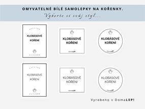 KLOBÁSOVÉ KOŘENÍ - omyvatelná samolepka na kořenky, výběr rozměrů Ø 5 cm / 5 x 5 cm / 6 x 8 cm | DomaLEP tvar: OBDÉLNÍK, barva: BÍLÁ - ČERNÉ písmo, velikost: š. 6 cm x v. 8 cm - tučné písmo
