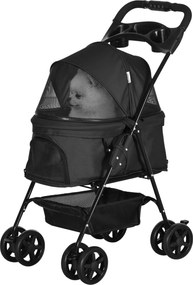 Skládatelný kočárek PawHut pro malé psy s univerzálními koly, úložným košíkem, bezpečnostními pásy a oknem, nosnost 15 kg, 67x45x96 cm, černý