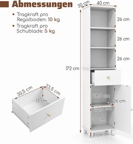 Costway 172 cm koupelnová skříňka úzká koupelnová s 3 otevřenými