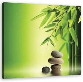 Obraz na plátně, Zen a bambusové kameny na zeleném pozadí - 60x60 cm
