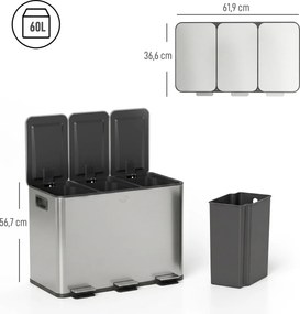 HOMCOM 3-komorový 20L kuchyňský pedálový koš se 3 tiše zavírajícími víky z nerezové oceli a PP, 61,9 x 36,6 x 56,7 cm, Stříbrná