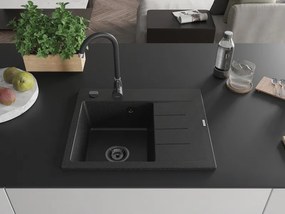 Mexen Ben, 1-komorový granitový dřez 600x500x190 mm, levý + černý sifon, černá-stříbrná metalíza, 6522605000-73-B