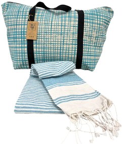 Stylový set plážové tašky + osušky HAMAM 75 x 150 cm, tyrkysový