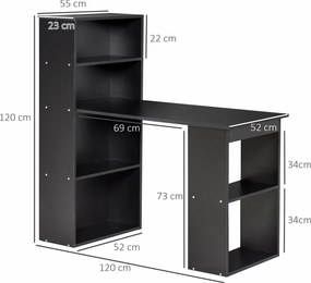 HOMCOM Počítačový stůl s úložným prostorem, 6 otevřenými přihrádkami, počítačový stůl do ložnice, studia, 120 x 55 x 120 cm, černý