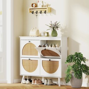 HOMCOM Skříň na boty s 4 skládacími dveřmi, 20 párů, s nastavitelnou policí, bohémský styl, solidní dřevěné nohy 105 x 24 x 97,5 cm Bílá