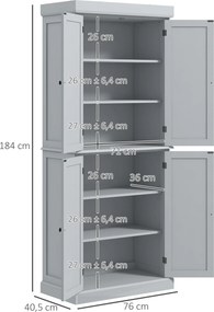 HOMCOM Kuchyňský Skříňový Buffet Skladovací Skříň Moderní Styl s Nastavitelnými Policemi pro Jídelnu a Obývací Pokoj, 76 x 40,5 x 184 cm, Šedá