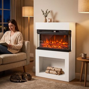 HOMCOM elektrický nástěnný krb s 3D efektem plamene a římsou, 64 cm, bílý