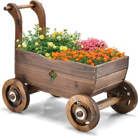 Costway Květinový vozík dřevěný květináč s kolečky – 68 × 38,5 × 53,5 cm, hnědý