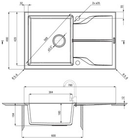 Deante Andante Flush, granitový dřez 780x490x194 mm, 3,5" + prostorově úsporný sifon, 1-komorový, bílá, ZQN_T513