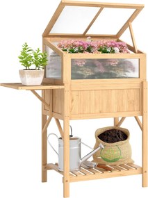 Outsunny vyvýšený záhon s pařeništěm — vyvýšený truhlík z borovicového dřeva se skládacím stolem a policí, 104 × 50 × 120 cm — přírodní | Aosom