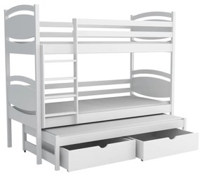 Dětská patrová postel z masivu borovice EMA s přistýlkou a šuplíky - 200x90 cm - BÍLÁ