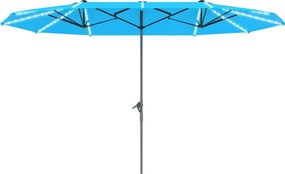 Dvojitý slunečník Outsunny se solárními LED světly 451x267 cm, hliník, UV 50+, slunečník s kličkou, sklolaminátová žebra, větruodolný slunečník pro ba