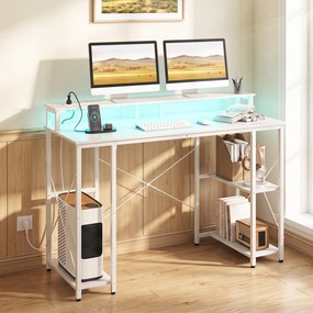 Costway Počítačový stůl s LED osvětlením a stojanem na monitor, bílý