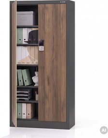 Kovová kancelářská skříň se zámkem na kód antracitová, ořech, 900x1850x400 mm: DANIEL Eco Design