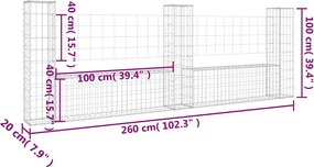 Gabionový koš ve tvaru U se 3 sloupky železo 260 x 20 x 100 cm 151276
