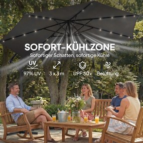 LED Solární konzolový slunečník cca Ø300 cm Otočný slunečník s kličkou Stojan Ochranný kryt Tmavě šedý