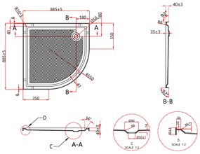 Erga Laos, čtvrtkruhová sprchová vanička 90x90x5cm, akrylát, bílá lesklá, ERG-V06-ACR-9090Q-WH-CR