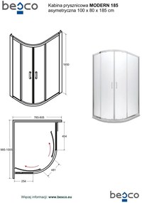 BESCO Asymetrický sprchový kout MODERN 185 + vanička z litého mramoru LAKA BARVA rámu - Chrom/Leštěný hliník (ALU), Rozměr A - 100 cm, Rozměr B - 80 cm, Vanička HL - Včetně vaničky, Výplň - Frost bezpečnostní sklo - 6 mm, Způsob...