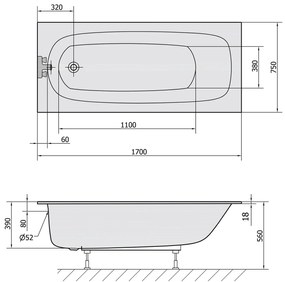 Polysan EBRO obdélníková vana s konstrukcí 170x75x39 cm, bílá, 26721