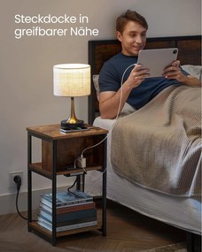 Boční stůl, noční stolek, s USB portem, hnědý/černý