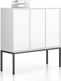 Kancelářská skříň FRAME, nízká, černá podnož, 3x dveře, 1299 x 450 x 1331 mm, PUSH-lock, bílá