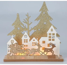 Vánoční stolní LED lampa Domky a Santa na saních, MDF, 19,5x4,5x19,5cm