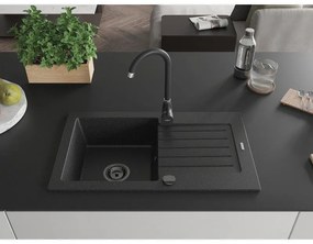 Mexen Pablo, granitový dřez 752x436x161 mm, 1-komorový a černá baterie Telma, černá-stříbrná metalíza, 6510-73-670200-70-B