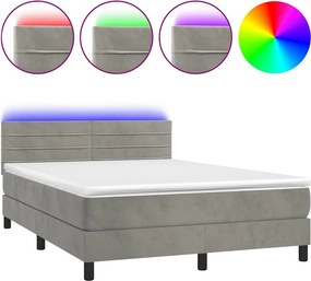 Box spring postel s matrací a LED světle šedá 140x190 cm samet 3134459