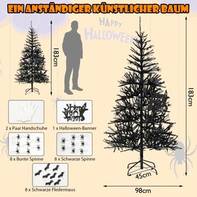 Costway 183 cm vysoký umělý sváteční strom Halloween s LED světly a dekoracemi