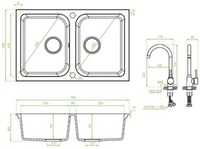 Laveo Celia, 2-komorový granitový dřez 760x480x184 mm + dřezová baterie s výlevkou ve tvaru U, béžová, LAV-SJCE420T