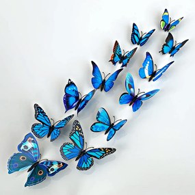 Samolepka na zeď "Realistické plastové 3D Motýli - Modré" 12ks 5-12 cm
