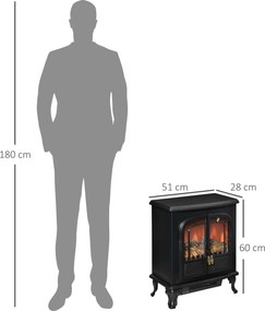 HOMCOM Elektrický krb ve stylu neo-retro, 2 dveře, tvrzené sklo, 1000/2000 W, LED nastavitelná jasnost, ocel ABS, černá