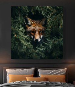 Obraz na plátně - Liška schovaná v jehličí FeelHappy.cz Velikost obrazu: 140 x 140 cm