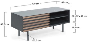 Černý lakovaný TV stolek Kave Home Kesia 120 x 45 cm s ořechovým dekorem