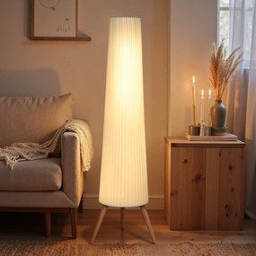 HOMCOM LED stojací lampa do obývacího pokoje stmívatelná dřevo s trojnožkou, stojací lampa s nožním spínačem, 46 x 153 cm, bílá