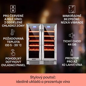 Klarstein Vinovilla Duo 42, vinotéka, 126 l/42 lahví, 2 zóny, 3 barvy LED osvětlení, skleněné dveře
