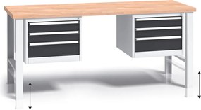 Výškově nastavitelný pracovní stůl do dílny G3 se 2 závěsnými boxy na nářadí, buková spárovka, 6 zásuvek, 2000 x 685 x 840 - 1050 mm, grafit