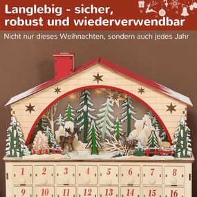 HOMCOM Adventní kalendář k naplnění 24 zásuvky přihrádky, vánoční kalendář s LED světly, přírodní dřevo, 36 x 10 x 34 cm