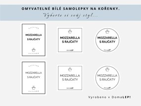 MOZZARELLA S RAJČATY - omyvatelná samolepka na kořenky, výběr rozměrů Ø 5 cm / 5 x 5 cm / 6 x 8 cm | DomaLEP tvar: KOLEČKO, barva: BÍLÁ - ČERNÉ písmo, velikost: Ø 5 cm - základní písmo