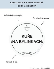 Samolepka na kořenky KUŘE NA BYLINKÁCH průhledná 5 cm tučné písmo